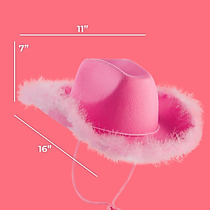 Pink Cowgirl Hat with Feather Boa - Cowboy Hat for Women, Teenage Girls with Fluffy Feather Brim for Bachelorette, Theme Costume Party, Role-Playing Dress-Up, Adult Size