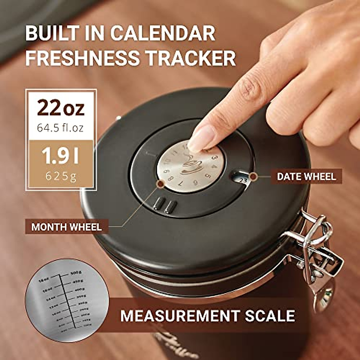 Coffee Canister Airtight Coffee Container - Stainless Steel Coffee Storage for Beans, Grounds, Tea, Sugar - Coffee Containers with Date Tracker, Scoop, CO2 Valve Filters, Large Coffee Jar 16oz, Black