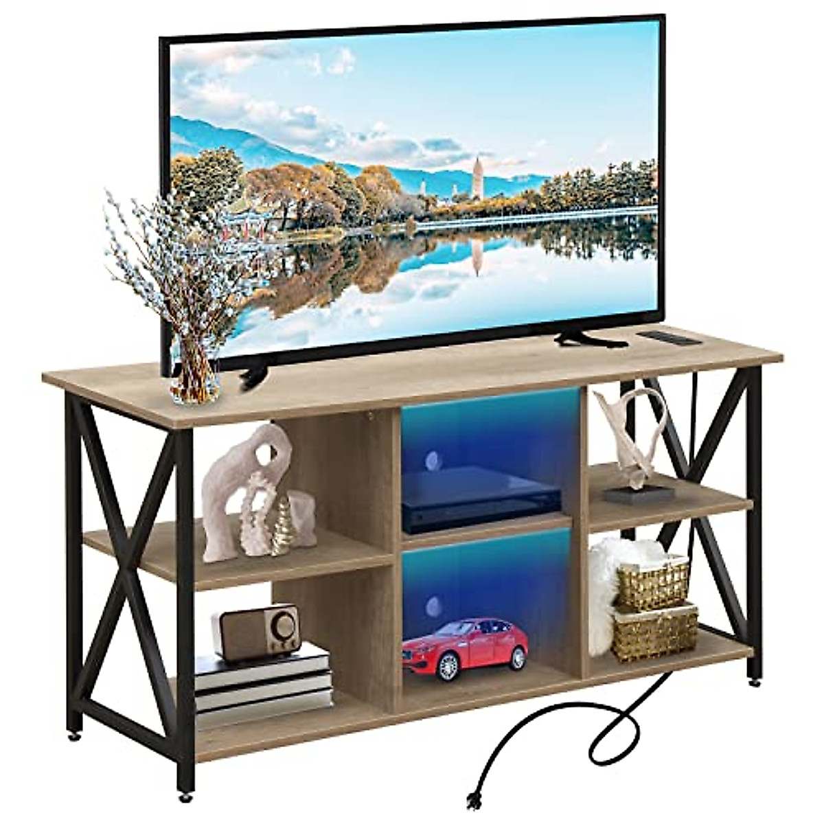 DANSION TV Stand for TVs up to 55 Inch, TV Stand with Power Outlets and LED Lights, Industrial Entertainment Center Media Console Television Stands with 6 Open Shelves for Living Room, Grey