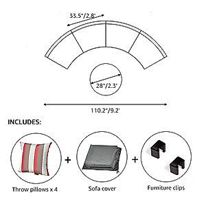 SUNSITT 5-Piece Half Moon Outdoor Sectional Sofa Set with Cover, Patio Brown PE Wicker Furniture with Beige Cushions & Tempered Glass Coffee Table