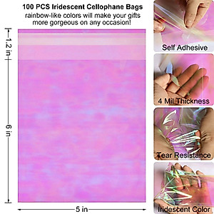 Self Sealing Iridescent Cellophane Bags 5x6 Inches 100 Pcs Individual Cookie Bags for Packaging Resealable Cellophane Treat Bags for Gift Giving Self Adhesive Clear Party Favor Bakery Candy Gift Bags