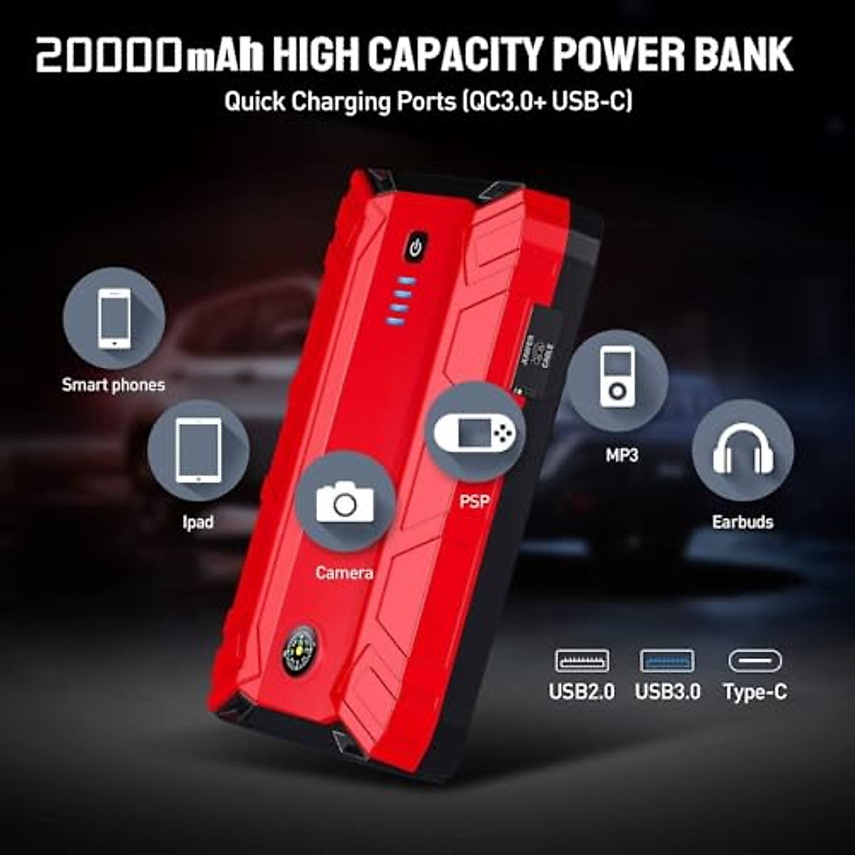 Audewdirect Jump Starter 1500A Peak Current 18000mAh (8.0L Gas Engine and up to 6 L Diesel Engine) Portable Car Jump Starter 12V Car Battery with Quick Charge (Epower-172)