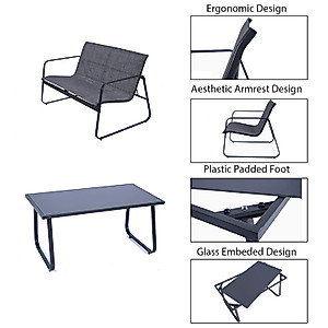 Kozyard Sofia 4 Pieces Outdoor Patio Furniture Conversation Set with Strong Powder Coated Metal Frame, One Love Seat, Two Single Chairs and One Table for Front Porch Balcony Backyad (Gray)