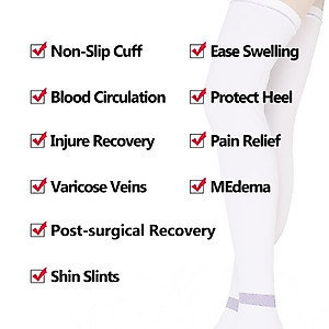 2 Pairs TED Hose Compression Stockings Thigh High Knee High 15-20 mmHg Compression TED Hose with Inspect Toe Hole TED Compression Socks for Leg Edema Swelling Soreness Pain (White- Purple,XL Size)