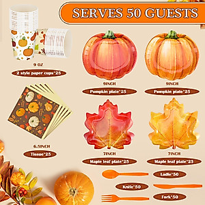Suttmin 350 Pieces Thanksgiving Disposable Dinnerware Set, Serves 50, Thanksgiving Paper Plates Pumpkin Napkins Fall Cups Cutlery for Fall Autumn Harvest Party Decorations