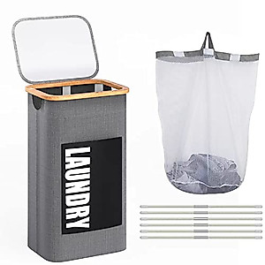 Upgraded Large Laundry Basket with Lid, 100L Tall Hamper Bamboo Handles [Support Reinforcement] Collapsible Dirty Clothes Front Pocket & Inner Bag for Bedroom, Bathroom, Gray, XL