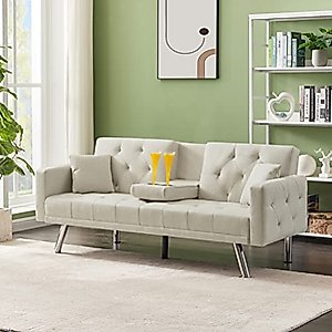 Verfur Linen Upholstered Futon Bed with 2 Cup Holders,Button Tufted Convertible Folding Loveseat, Small Lounger Sofa & Couch for Compact Living Spaces,Apartment, 75.59", Beige