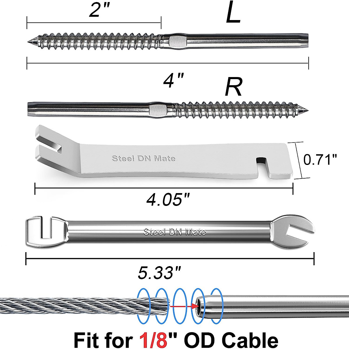 Steel DN Mate 100 Pack T316 Stainless Steel Right&Left Handed Thread Swage Lag Screws for Wood Post of 1/8" Steel Cable Railing Kit, Cable Railing Hardware, DIY Deck Railings, Wrench Include, DM50