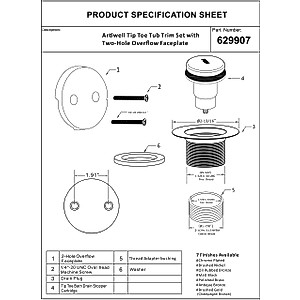 Artiwell Tip-Toe Tub Trim Set with Two-Hole Overflow Faceplate, Replacement Bath Drain Trim Kit with 2-Hole Overflow Faceplate and Universal Fine/Coarse Thread (Chrome Plated)