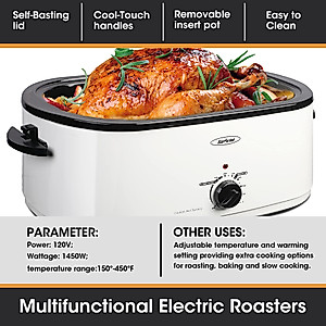 Roaster Oven, 24 QT Electric Roaster Oven with Viewing Lid, Sunvivi Turkey Roaster with Unique Defrost/Warm Function, Large Roaster with with Removable Pan & Rack, Stainless Steel, White