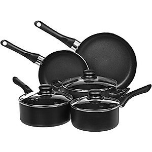 Amazon Basics 16-Piece Cafe Stripe Kitchen Dinnerware Set, Plates, Bowls, Mugs, Service for 4, Black & Non-Stick Cookware Set, Pots and Pans - 8-Piece Set