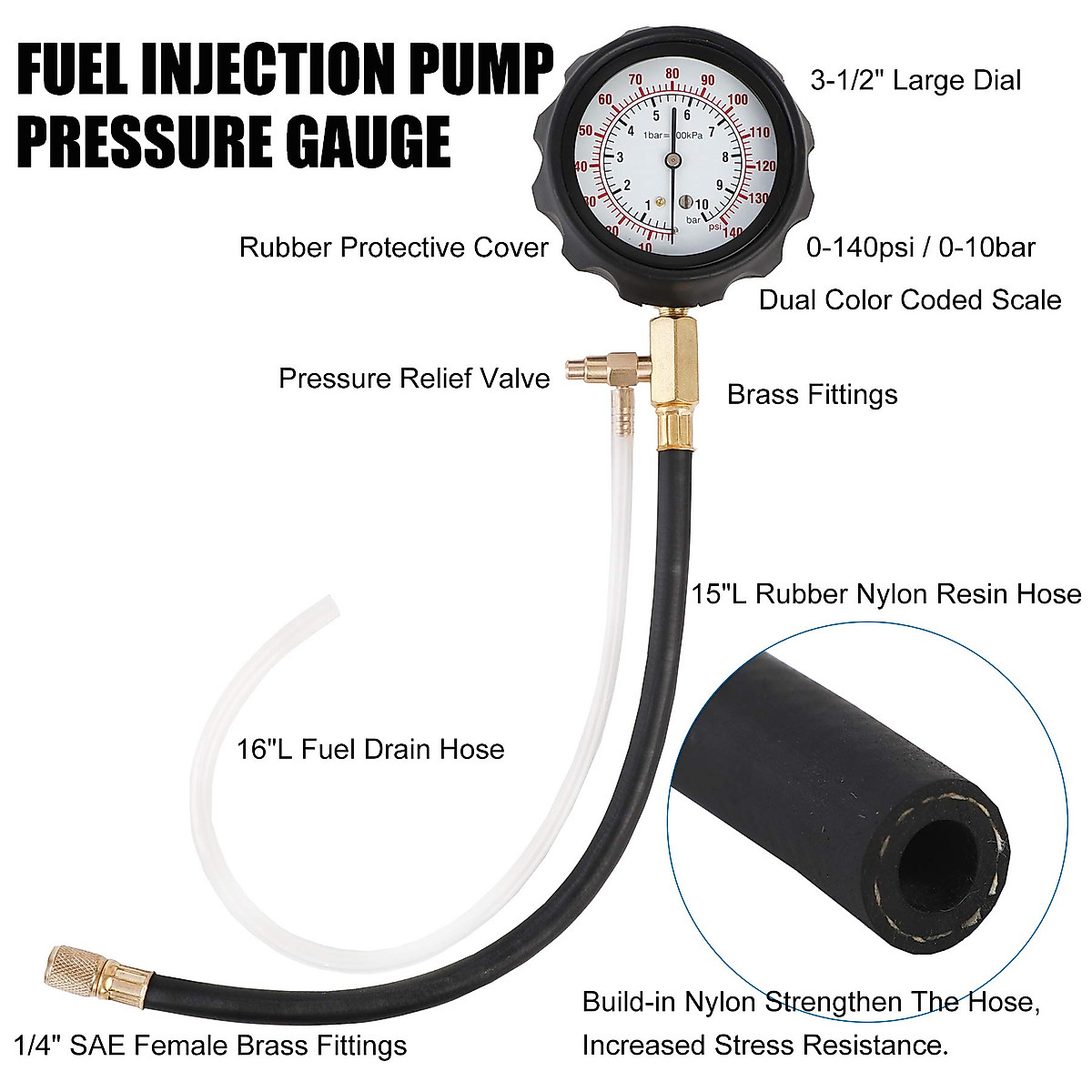 JIFETOR Fuel Injection Pump Pressure Test Gauge Set, Automotive Gas Gasoline Fuel Oil Injector Tester Tool Kit 0-140PSI, with Schrader Adapters Universal Compatible with Ford Auto Car Truck Motorcycle