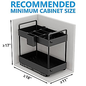 HEITICUP 2 Tier Under-Sink Organizers and Storage, Sliding Cabinet Basket Organizers, Pull Out Home Organizers with Hooks & Hanging Cups for Bathroom, Kitchen, Laundry Room, Black