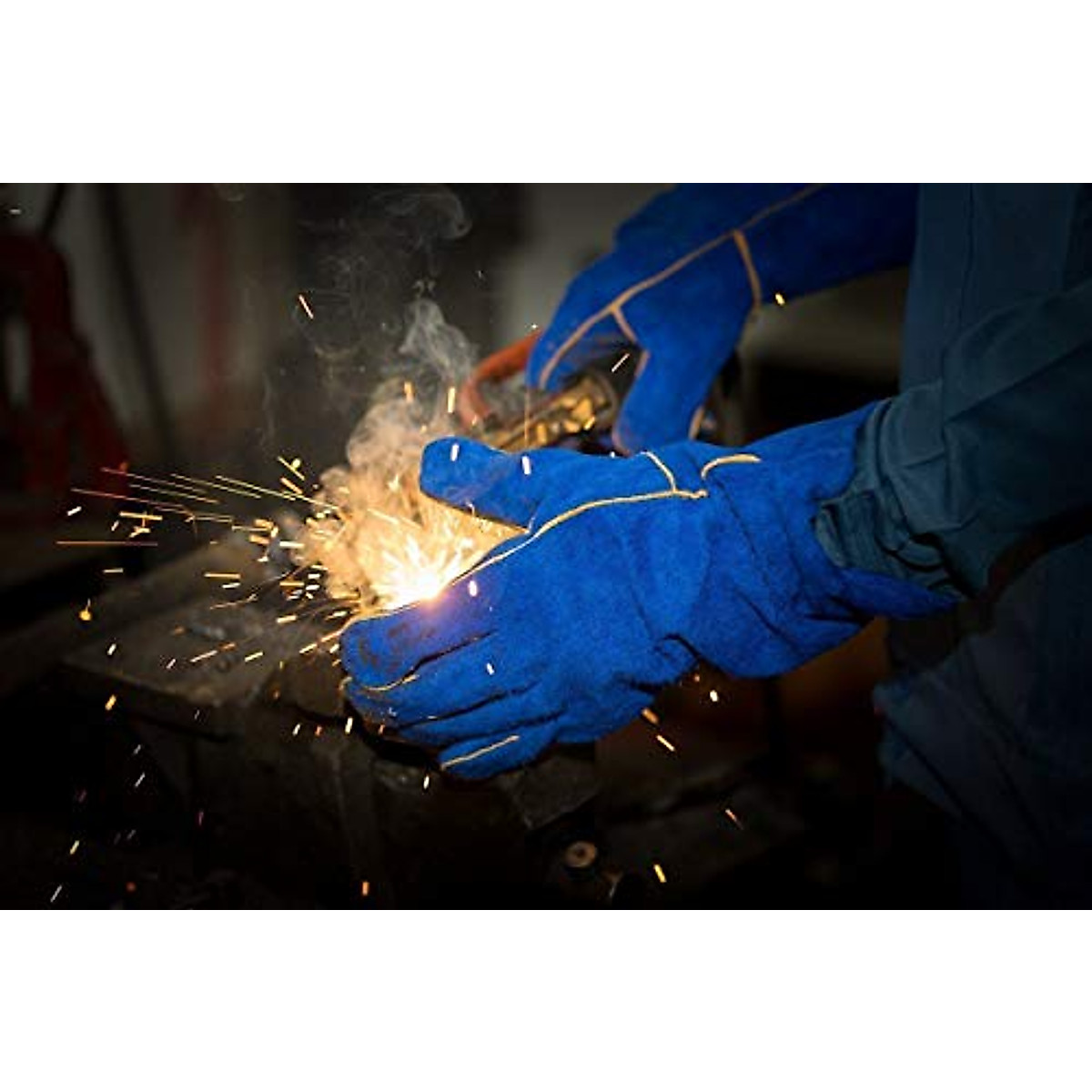 DEKO Welding Gloves 14 inch Leather Forge Heat Resistant Blue Welding Glove for Mig, Tig Welder, Furnace, Fireplace and More (Blue),Camping, Stove, BBQ