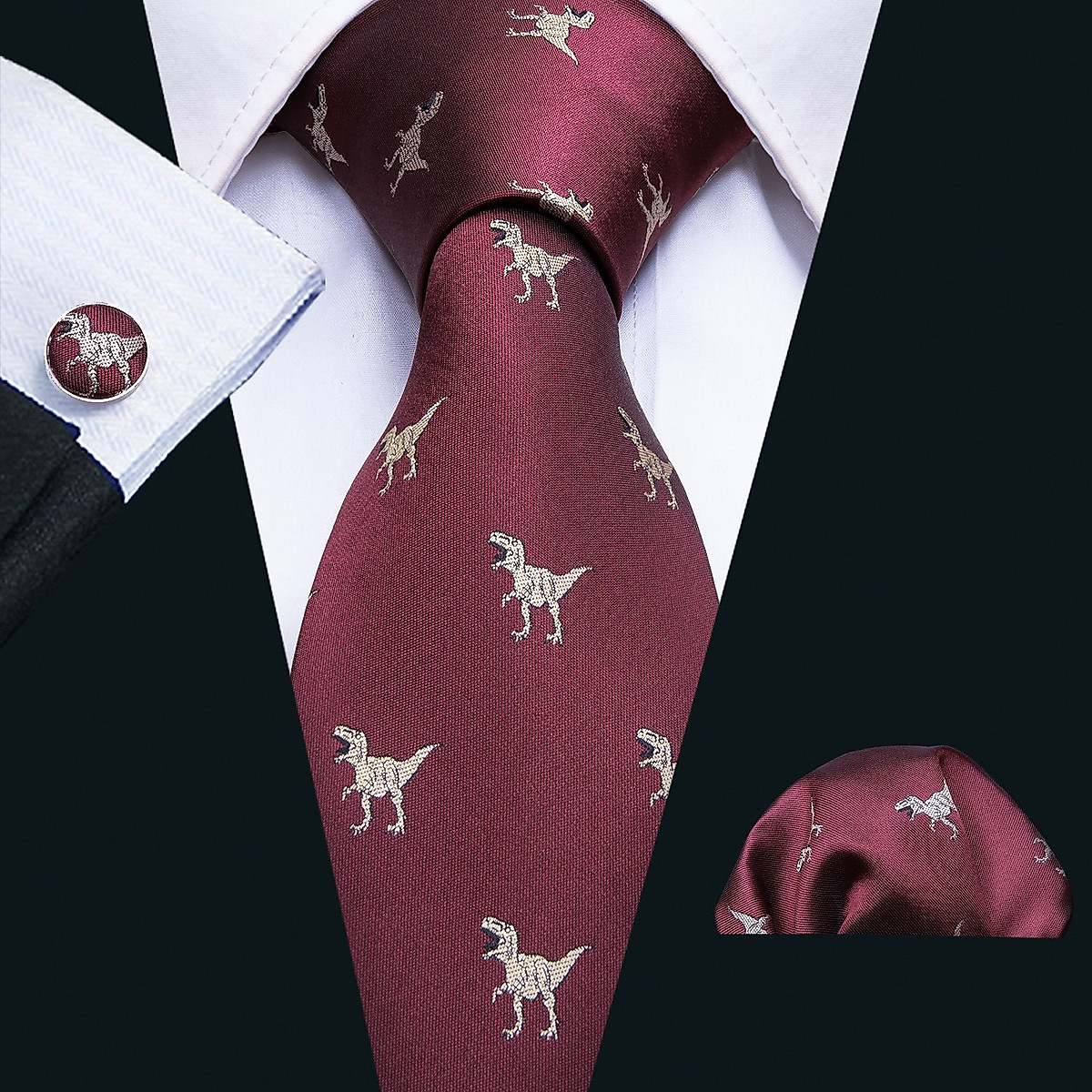 Burgundy Tie Set Silk Tie Pocket Square Cufflinks Dinosaur Pattern