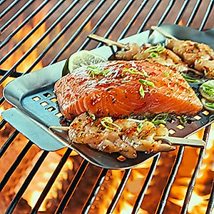 Grill Basket Set of 2 - Nonstick Grilling Tray Durable Grill Pans with Holes for Outdoor Grill Small and Big Topper Baskets BBQ accessories for Vegetable, Fish, Meat, Seafood 11"x7" & 14"x10"