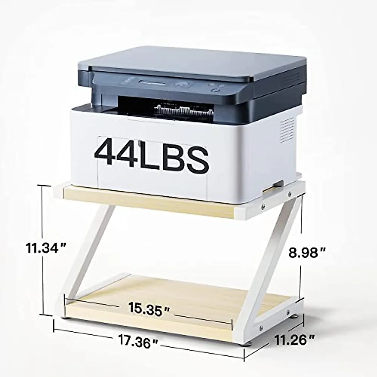 HUANUO Printer Stand, Desktop Stand for Printer, Printer Stand with Storage, Desktop Shelf with Anti-Skid Pads, Printer Table Organizer, Printer Shelf w/ 2 Tier Tray & Hardware & Steel (Light Wood)