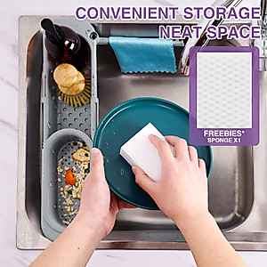 NiHome Telescopic Sink Holder with Sponge, Adjustable Kitchen Sink Organizer Rack Sponge Soap Holder Expandable Storage Drain Basket Sink Organizer Holder Dish Cloth Hanger for Home Kitchen (Grey)