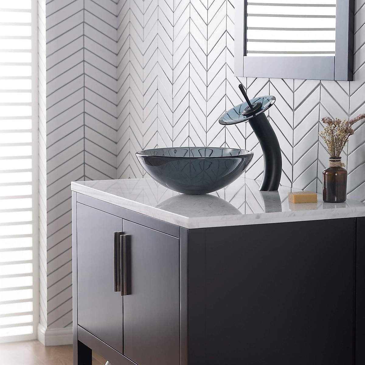 KRAUS Tall Waterfall Bathroom Faucet for Vessel Sink with Frosted Black Glass Disk and Pop-Up Drain, Oil Rubbed Bronze KGW-1700-PU-10ORB-BLFR