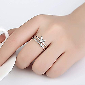 MIFYNN 3Pcs Cute Butterfly Rings For Women, Dainty Crystal Butterfly Rings Set Adjustable Crystal Butterfly Knuckle Ring Double Butterfly Ring (Silver)