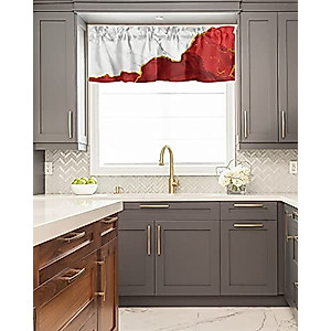 Curtain Valance for Windows Red White Gradient Marble Gold Edge Kitchen Valances Rod Pocket Short Curtains,Simple Abstract Art Window Treatment Panel for Living Room Bathroom Bedroom 60x18in