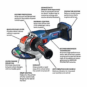 BOSCH GWX18V-13CN PROFACTOR™ 18V X-LOCK Connected-Ready 5 – 6 In. Angle Grinder with Slide Switch (Bare Tool), Black,grey,blue