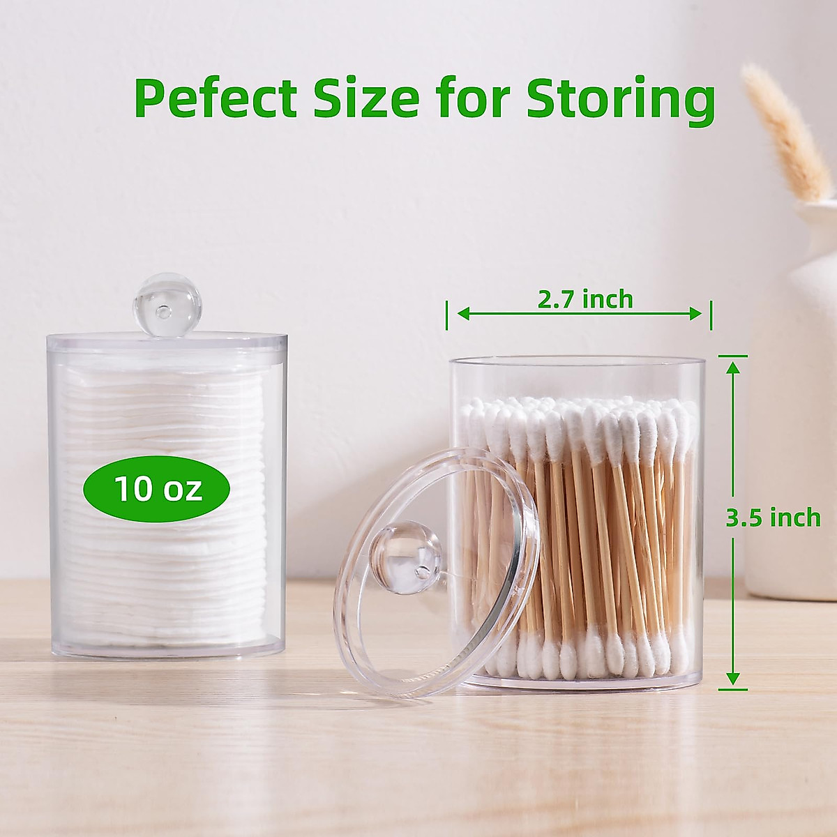 XIPENGKEJI 4 Pack Qtip Holder, Apothecary Jars Cotton Ball Holder Dispenser, Bathroom Jars with Lids Set for Cotton Round, Cotton Swab, 10oz Plastic Canisters Restroom Bedroom Vanity Organizer (Clear)