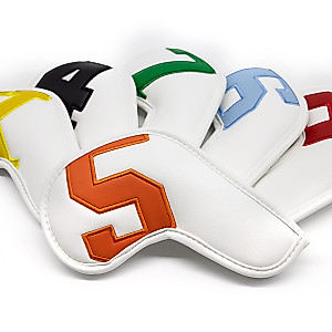 Barudan Golf Iron Club Head Covers set Headcovers for Callaway Ping S5 - Big Colorful Number - Long Neck - Black Pu Leather fits Small Standard Oversized Golf Clubs 10pcs/Pack (White+Color Number)