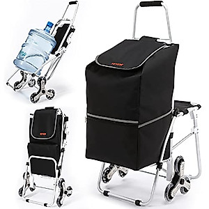 VEVOR Shopping Cart with Wheels, Stair Climbing Grocery Cart with 50L Removable Shopping Bag, 165lbs Foldable Utility Cart Trolley Dolly with Seat, Stair Climber Cart for Grocery Shopping Travel