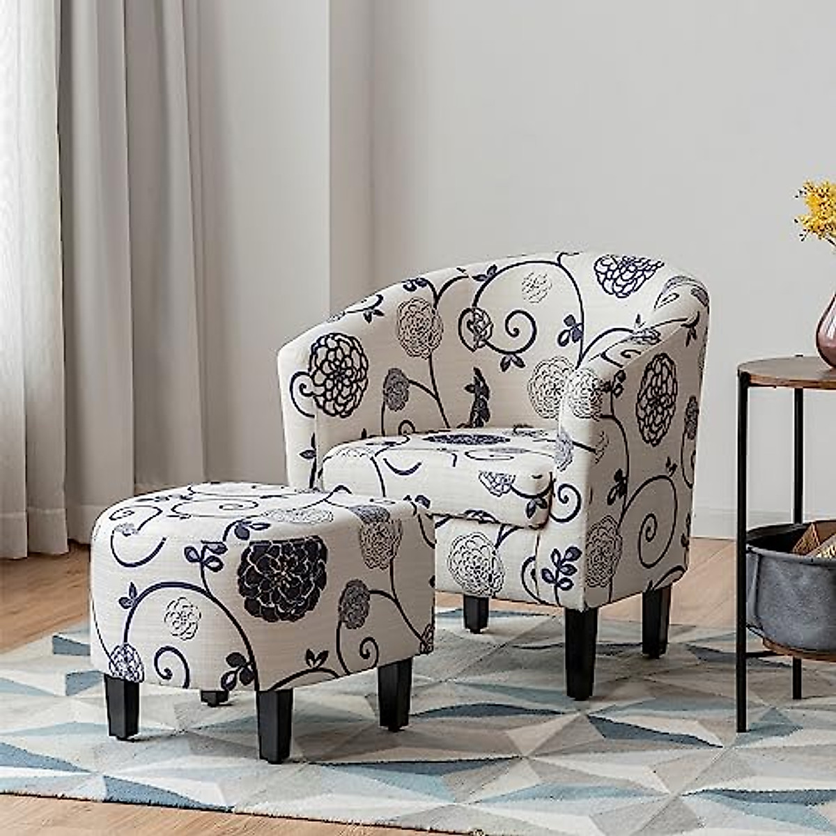 Giantex Accent Chair with Ottoman Set, Upholstered Barrel Chair with Footrest, Modern Accent Armchair with Ottoman, Round Club Chair for Living Room, Bedroom, Small Space