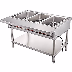 VBENLEM Commercial Electric Food Warmer 3 Pot Steam Table Food Warmer 18 Quart/Pan with Lids with 7 Inch Cutting Board Food Grade Stainless Steel Steam Table Serving Counter 110V 1500W for Restaurant