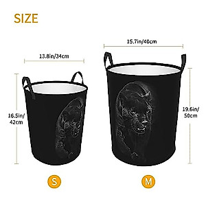 Animal Panther Printed Round Laundry Hamper,Collapsible Clothes Hamper Storage With Handle,Canvas Fabric Waterproof Storage Bin