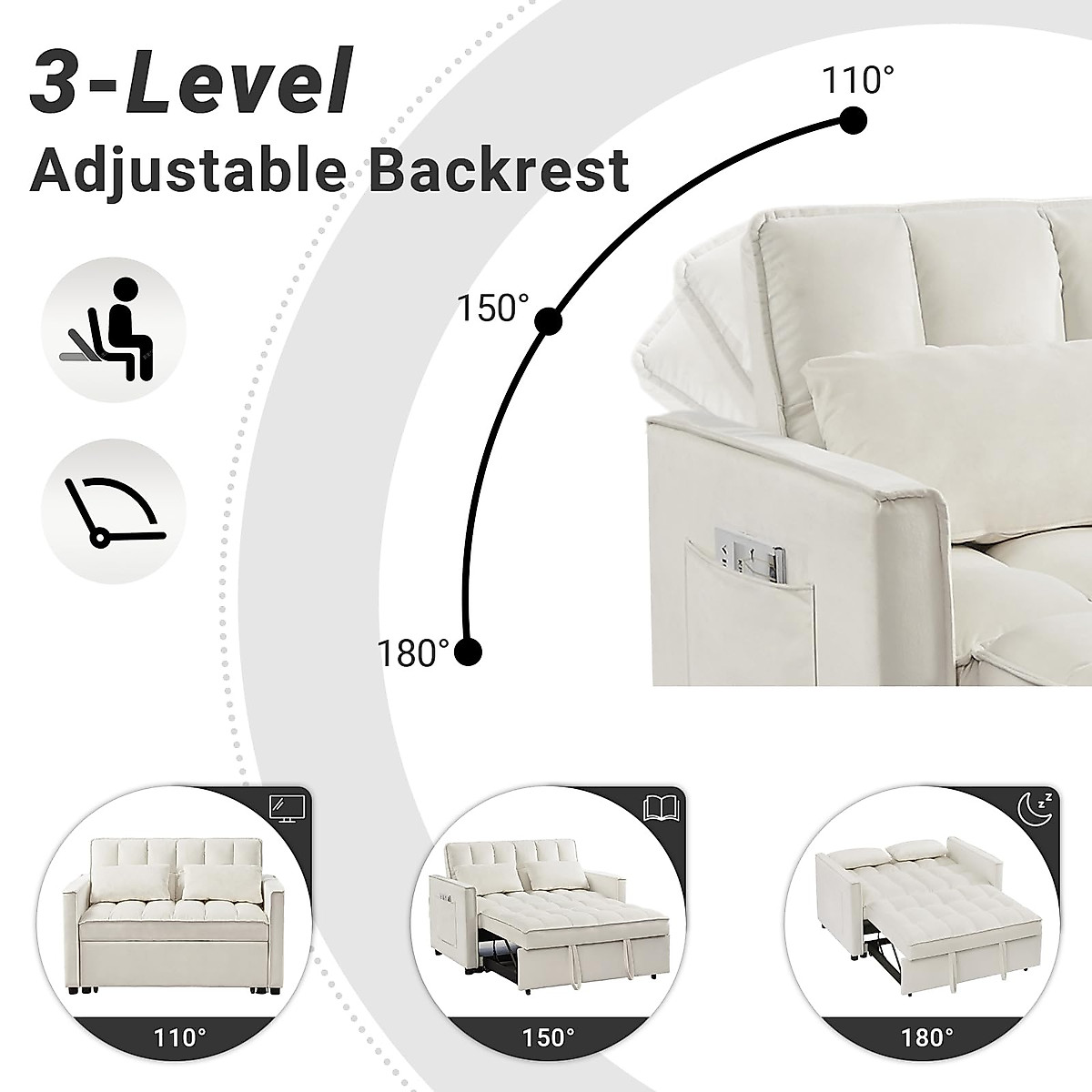 Skepphlay 3 in 1 Convertible Sofa Bed, Pull Out Couch, Loveseat Sleeper with Adjustable Backrest Chaise Lounge with 2 Pockets and 2 Pillows for Living Room Apartment, White