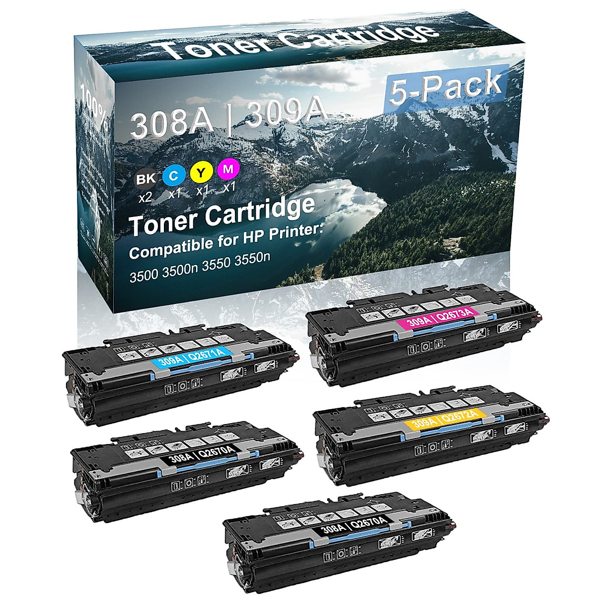 5-Pack (2BK+C+Y+M) Compatible 3500 3500n 3550 3550n Printer Toner Cartridge High Capacity Replacement for HP 308A 309A | Q2670A Q2671A Q2672A Q2673A Toner Cartridge