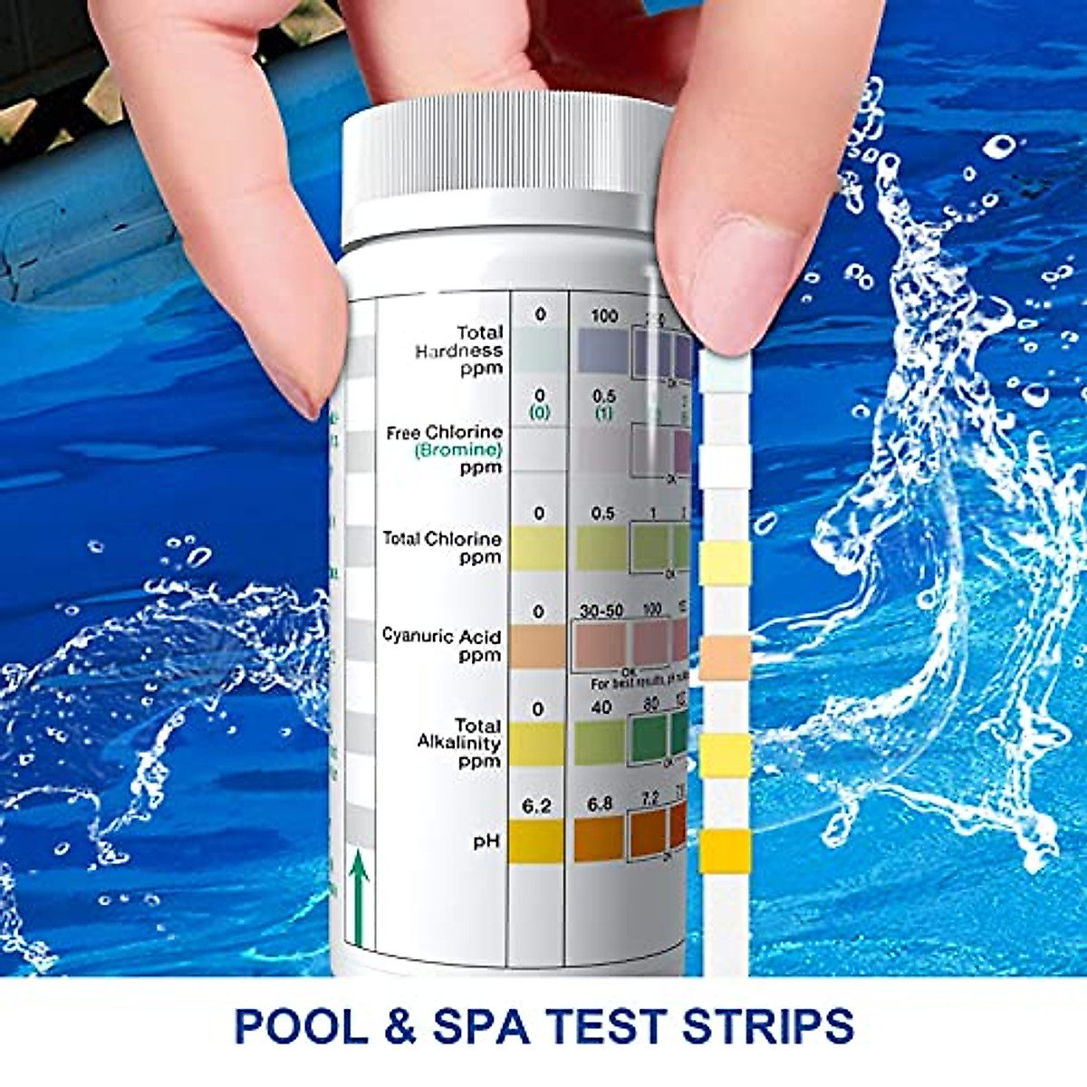 RUNBO Pool Test Strips 7-in-1 (100 Count), Quality Testing Strips - Simple and Easy - Test Free Chlorine, Total Chlorine, Bromine, Total Hardness, Total Alkalinity, pH and Cyanuric Acid
