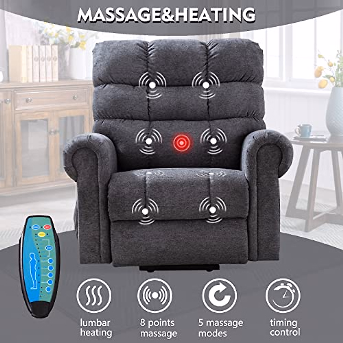 ANJ Large Power Lift Recliner Chair with Massage and Heat for Elderly Big People, Electric Wide Recliners, Heavy Duty and Safety Motion Fabric Reclining Mechanism with USB Ports, Side Pocket, Grey