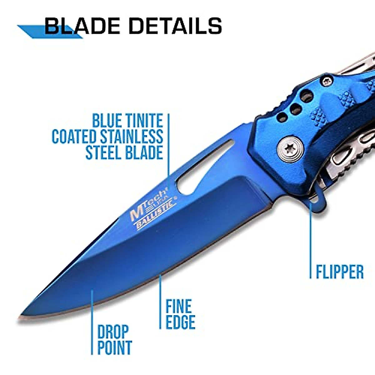 MTech USA – Spring Assisted Folding Knife – Blue TiNite Coated Fine Edge Stainless Steel Blade, Blue Aluminum Handle, Pocket Clip, Tactical, EDC, Self Defense- MT-A705SBL,Blue/Silver