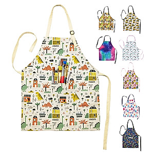 Sosolong Adjustable Children's Waterproof Apron, with Children's Pocket Cooking Apron, Baking, Painting, Gardening (dinosaur apron)