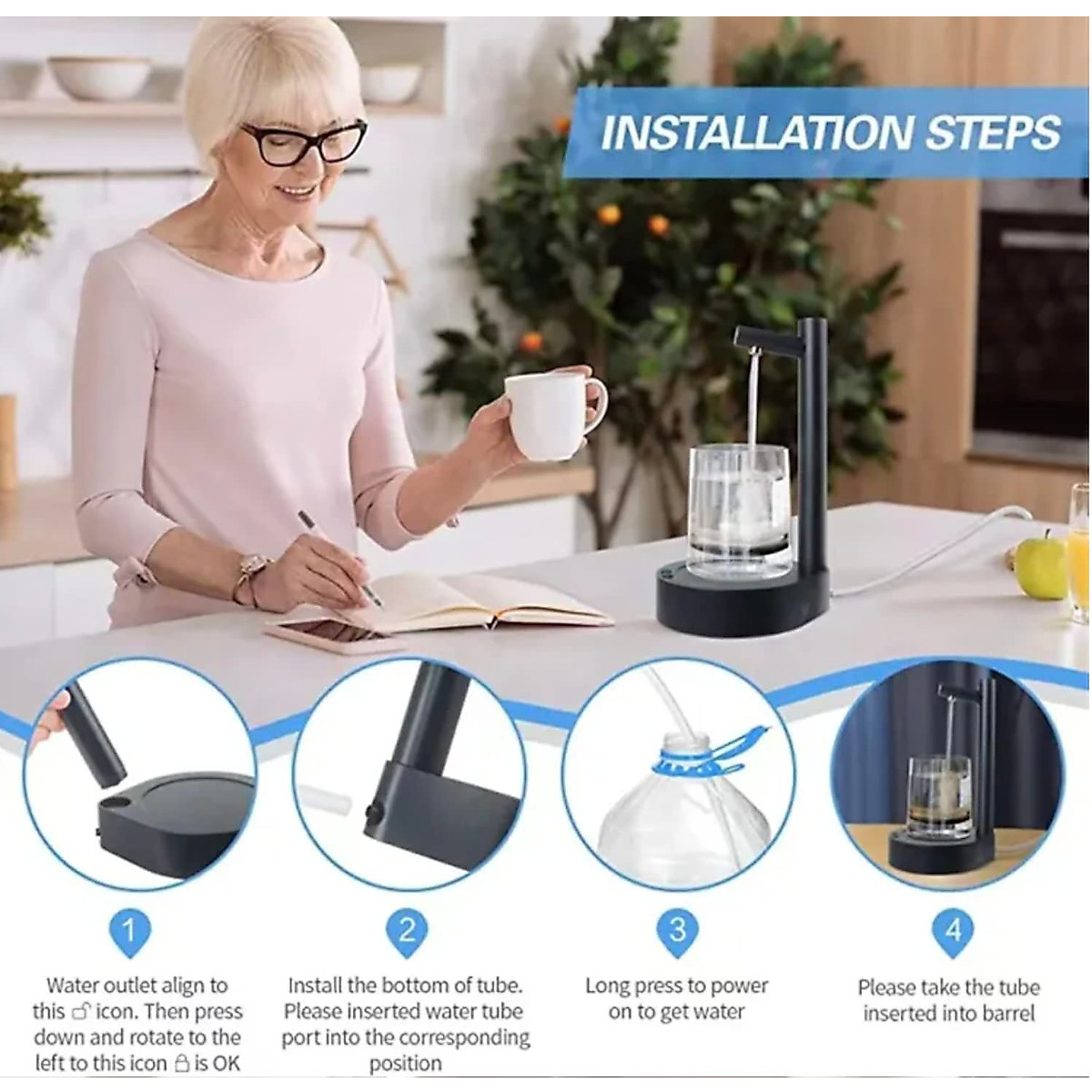 Invisible Smart Desktop Water Dispenser and Bottle Filling Station with Water Pump - Universal 3/5 Gallon Size, USB Charging, Electric Water Jug Pump Perfect for Home, Office, and Outdoors (Dark Blue)