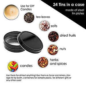 Mimi Pack 2 oz Black Tins 24 Pack of Shallow Screw Top Round Tin Containers with Lids For Cosmetics, Party Favors, Gifts