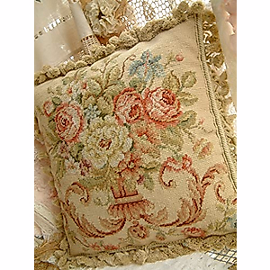GoldenAppleArt 16" Elegant Roses in Urn Vintage Handmade Aubusson Design Needlepoint Pillow