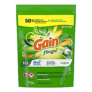 Gain flings! Liquid Laundry Detergent Soap Pacs, HE Compatible, 3 Bag Value Pack, 111 Count, Long Lasting Scent, Original Scent