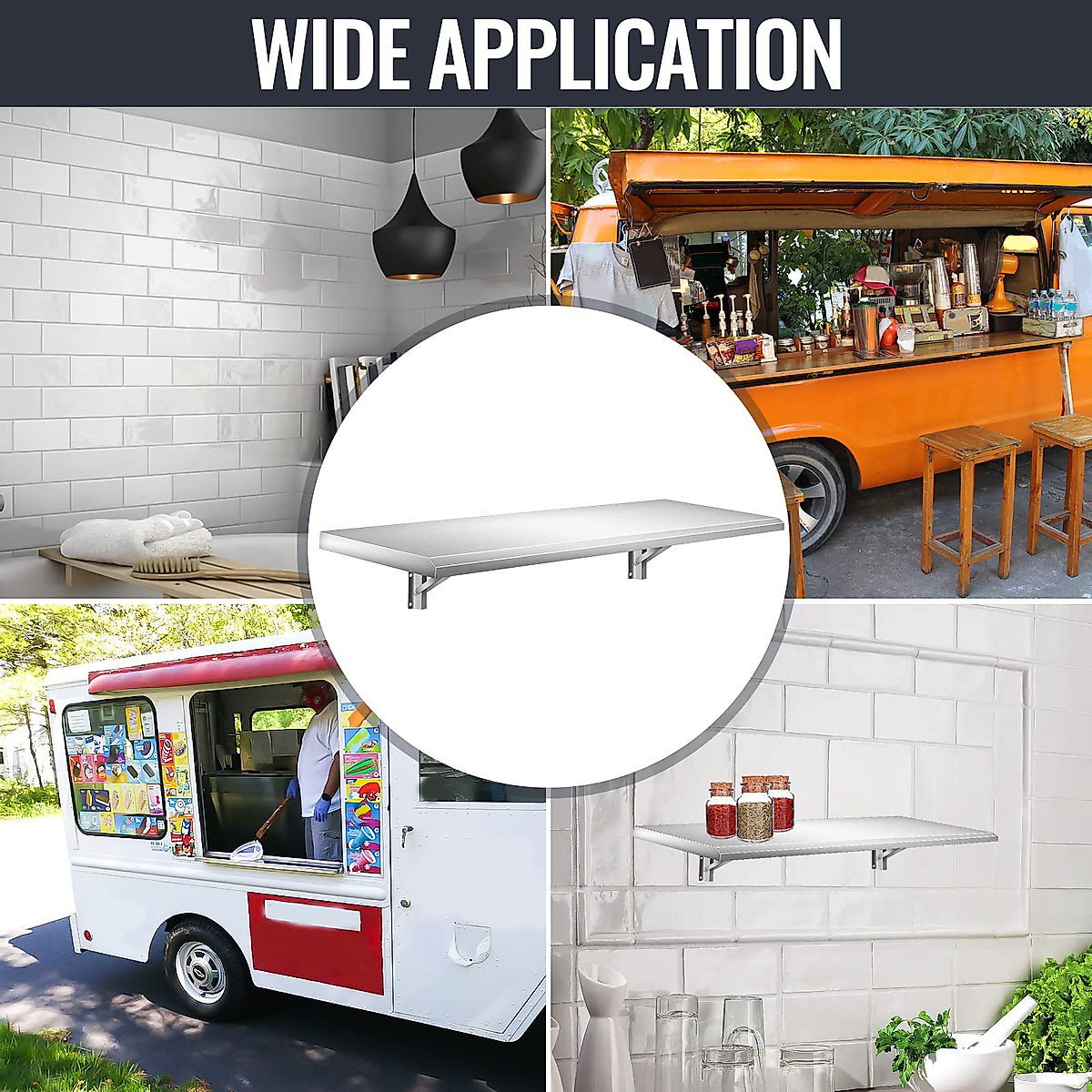 KODOM Concession Shelf 72L x 12W Inch, Stainless Steel Drop Down Folding Serving Food Shelf Stand Serving for Concession Windows