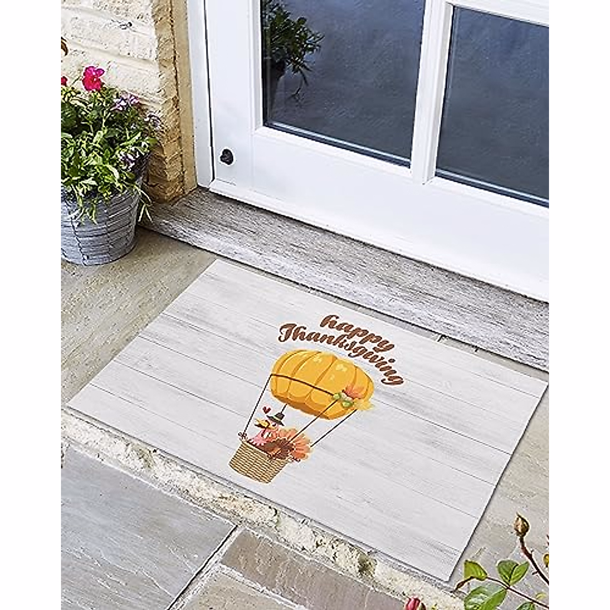 Savannan Floor Mats,Happy Thanksgiving Cartoon Turkey in Pumpkin Shaped Hot Air Balloon Wooden Non Slip Latex Backing Ultrathin Loop Pile Door Rugs for Dining Room Office Home Decor 24"x32"