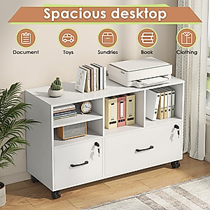 Semoic 2 Drawer Wood Lateral File Cabinet with Lock, Lockable Rolling Filing Cabinet with Open Storage Shelves, Printer Stand Office Storage Cabinet for Home Office Fits Files Legal/A4 Size, White