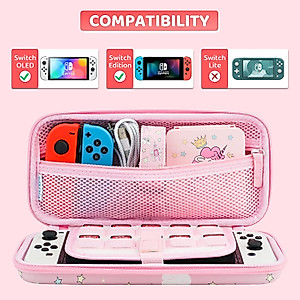 RHOTALL Case Compatible with Nintendo Switch & Switch OLED, Carrying Case with Game Case, Shoulder Strap, Cute Protective Hard Portable Travel Shell Pouch for Switch Accessories (for Pink)