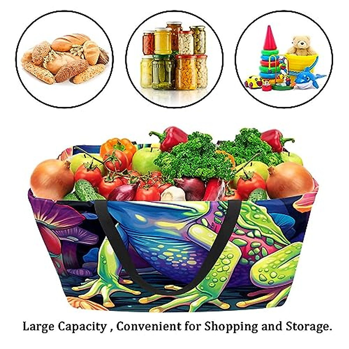 Reusable Grocery Bags Boxes Storage Basket, Red Eye Frog Pattern Collapsible Utility Tote Bags with Long Handle