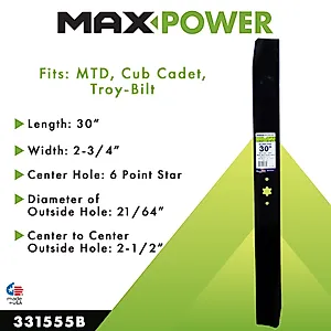 MaxPower 331555B Blade for 30" Cut MTD, Cub Cadet, and Troy-Bilt Replaces OEM # 742-04058, 942-04058, 942-0609, and More Black