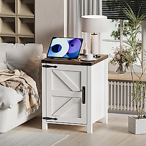 PakaLife Farmhouse End Table with Charging Station, 17.7" Side Tables Living Room with Barn Door & Adjustable Shelf, Bed Side Table/Nightstand w/Magnetic Door for Bedroom