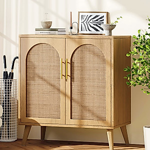 Rovaurx Rattan Storage Cabinet with Doors, Accent Bathroom Floor Cabinet, Modern Sideboard Buffet Cabinet for Living Room, Entryway, Dining Room and Kitchen, Natural BMGZ108M